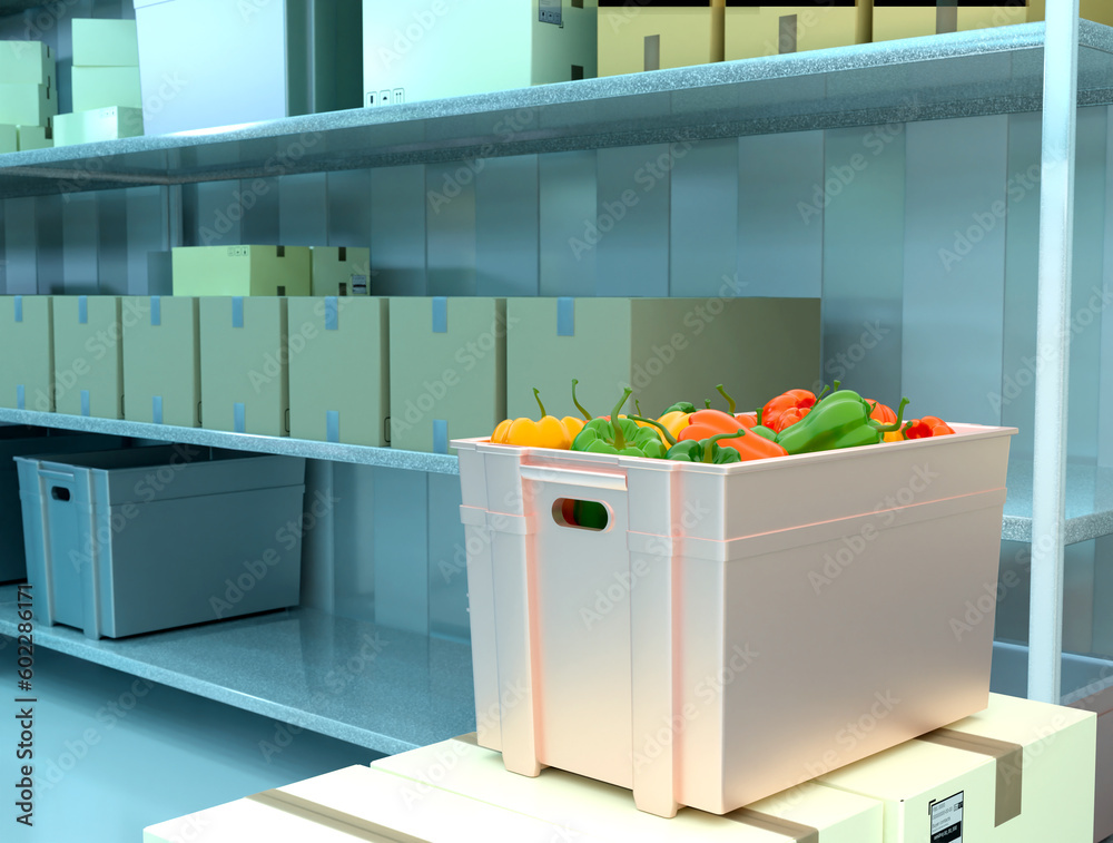Container with sweet pepper. Supermarket warehouse. Grocery store ...