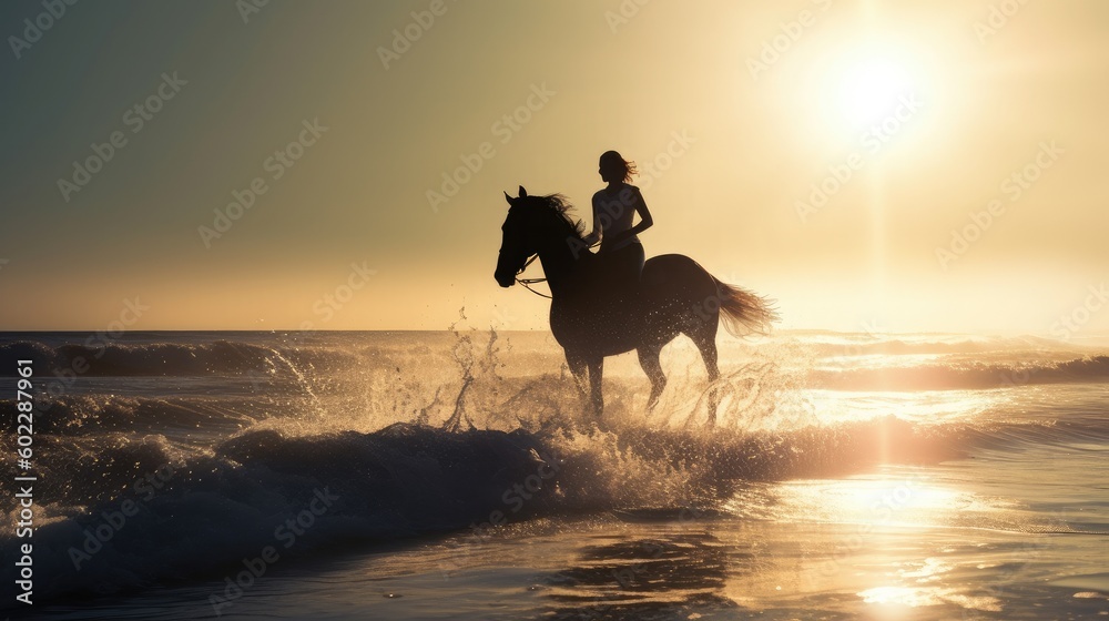 Silhouette of woman riding on horse running along coast sunset ...