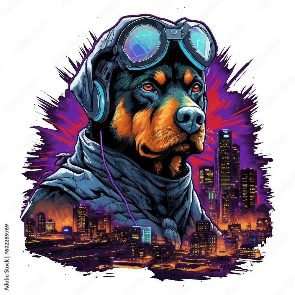 A futuristic Nurse Rottweiler dog t-shirt design with a cyberpunk ...