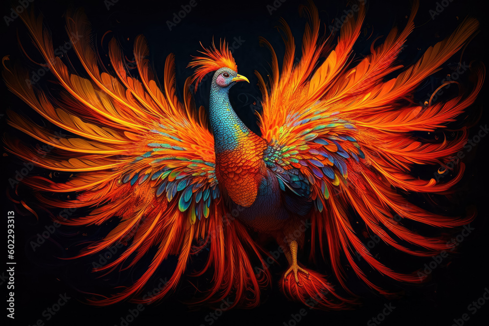 A stunning red and blue phoenix spreads its wings, displaying its ...