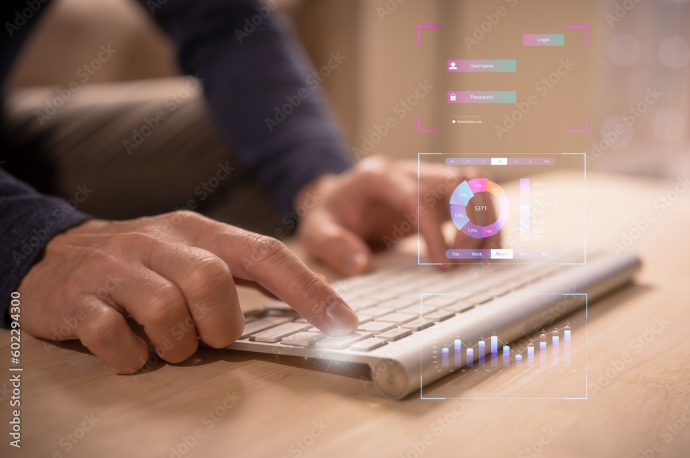 log in data security concept, businessman typing pressing enter button ...