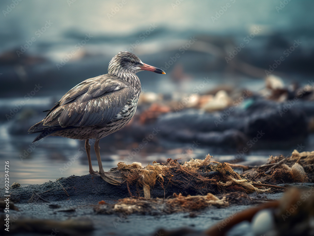Lone seabird perched on a weathered piece of plastic amidst a polluted ...