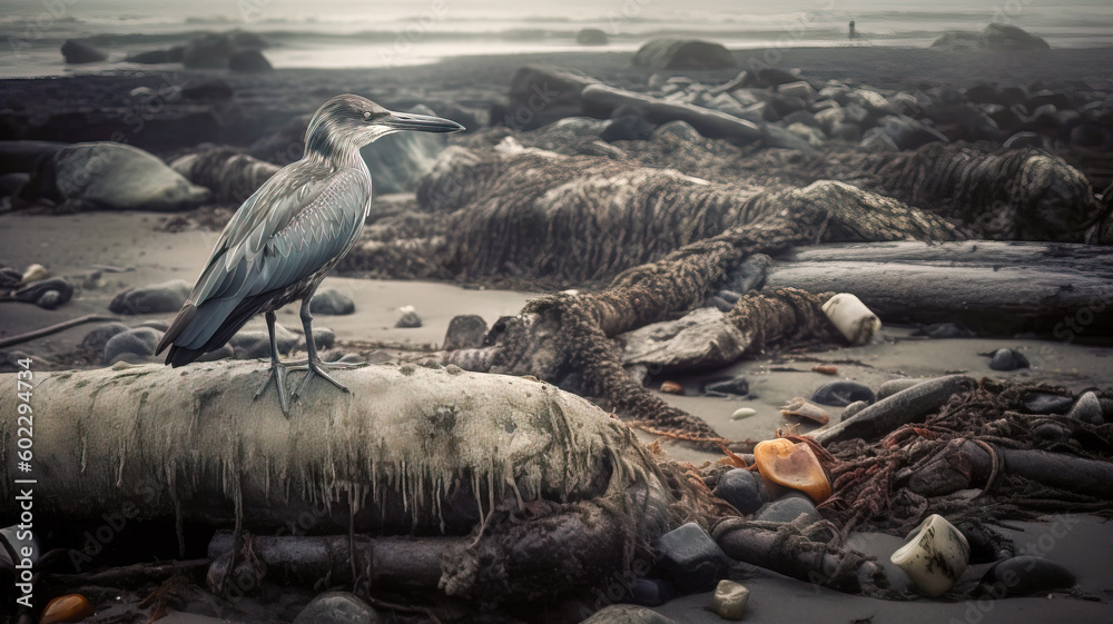 Lone seabird perched on a weathered piece of plastic amidst a polluted ...