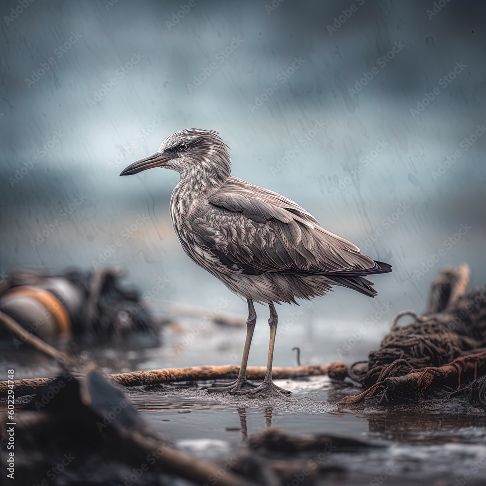 Lone seabird perched on a weathered piece of plastic amidst a polluted ...