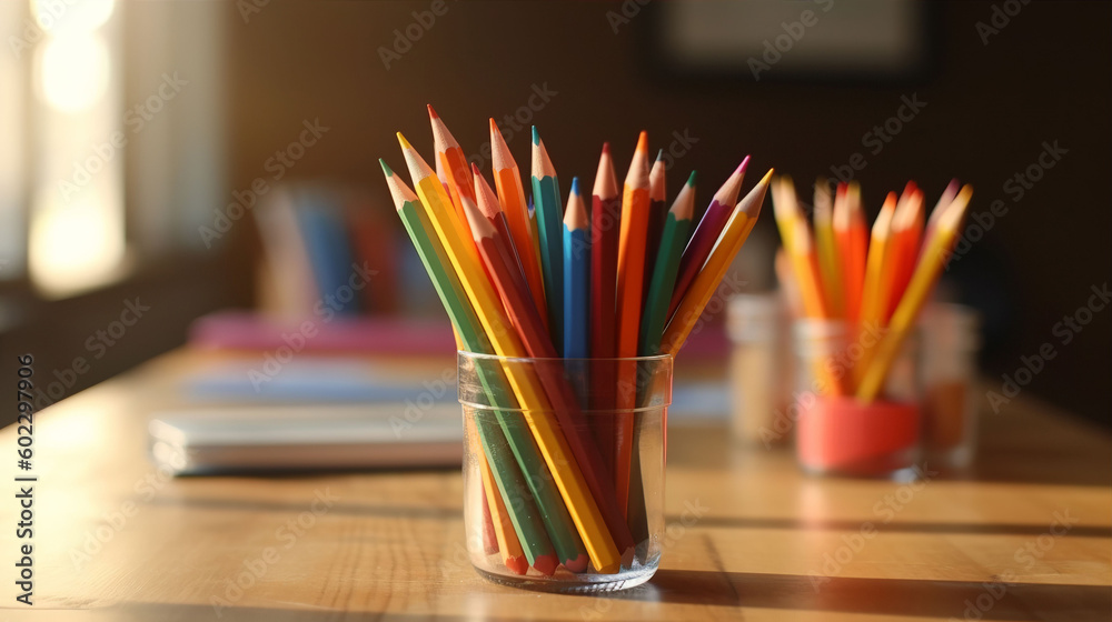 A set of colouring pencils on a desk with an out of focus classroom ...
