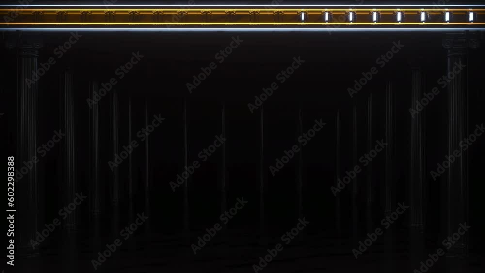 Neon lights spread in a big hall, moving from right to left in a ...
