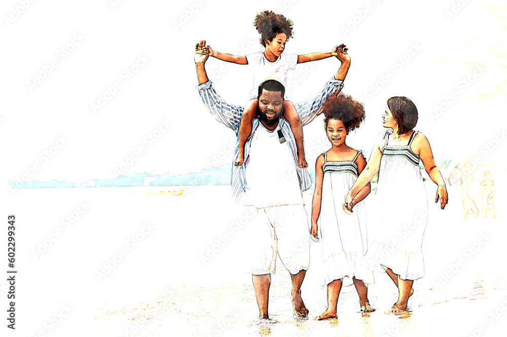 Digital painting and sketch drawing of Happy African American family ...