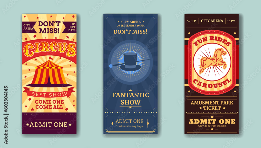 Circus carnival tickets. Vintage posters. Amusement show labels with ...