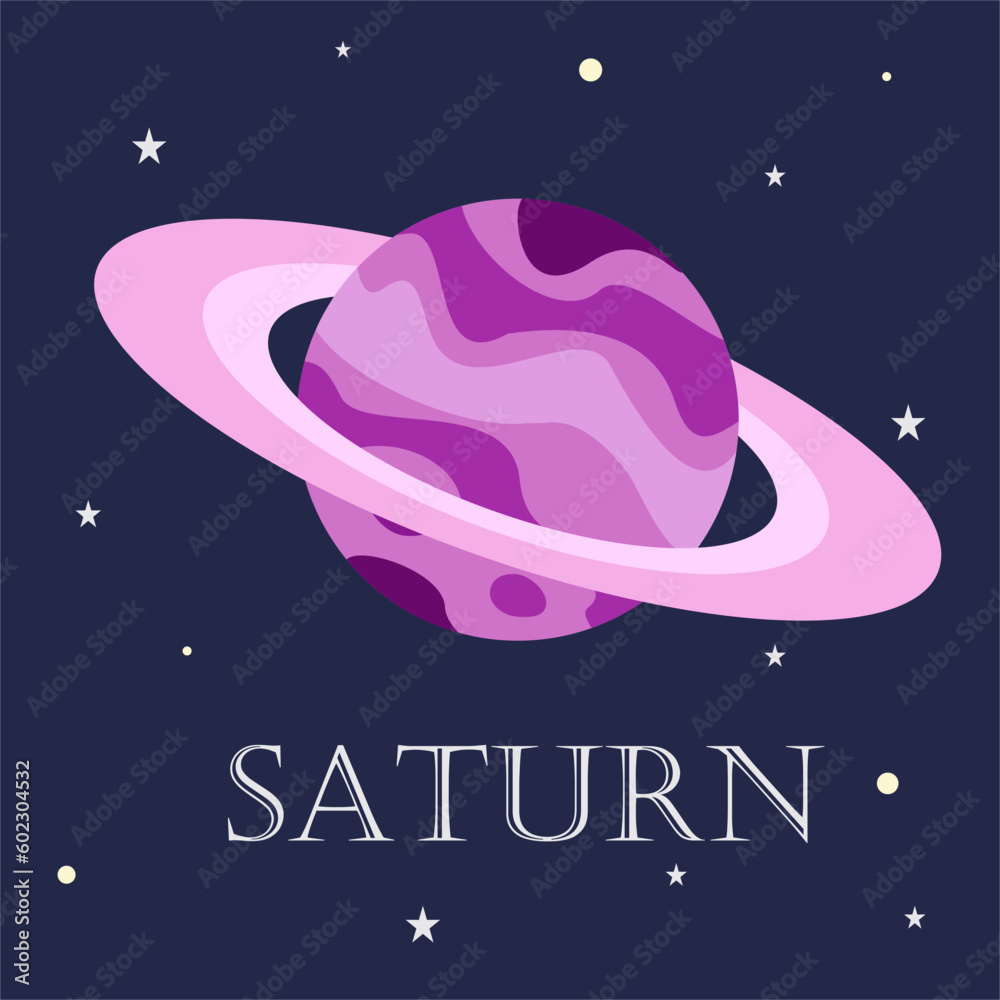 Saturn Planet. Saturn in flat cartoon style on space star sky. Saturn ...