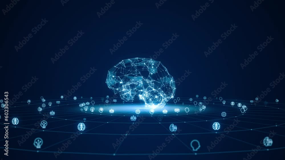 Vidéo Stock Motion graphic of 3D Blue polygon digital brain logo with grid and rotation circle ...