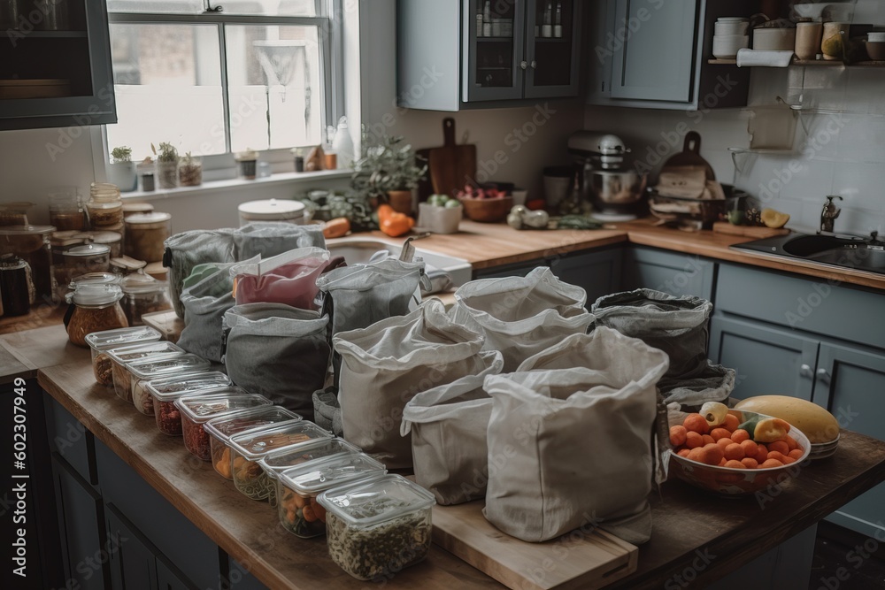 Kitchen counter full of reusable food packages and container ...