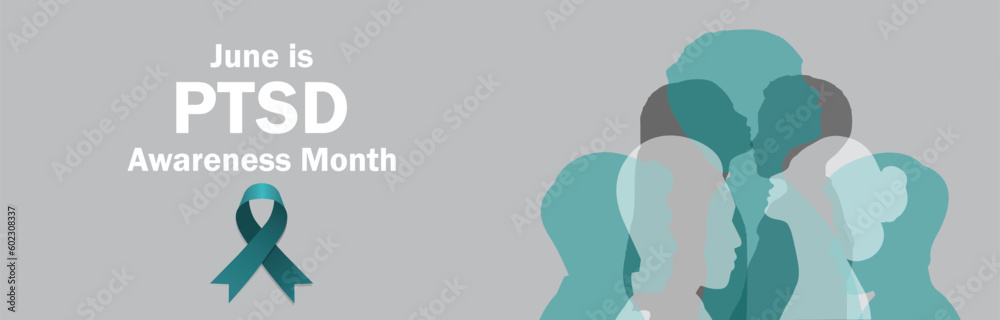 PTSD Awareness Month design banner with silhouette of people on a grey ...