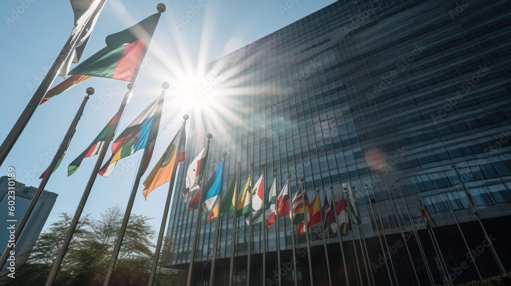 Flags of countries against United Nations building. Stock Illustration ...