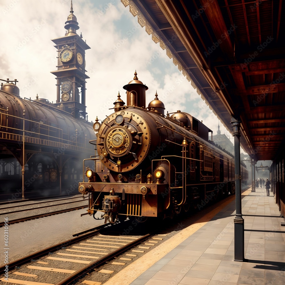 Steampunk scenery Steampunk background Steam locomotive Train Stock ...