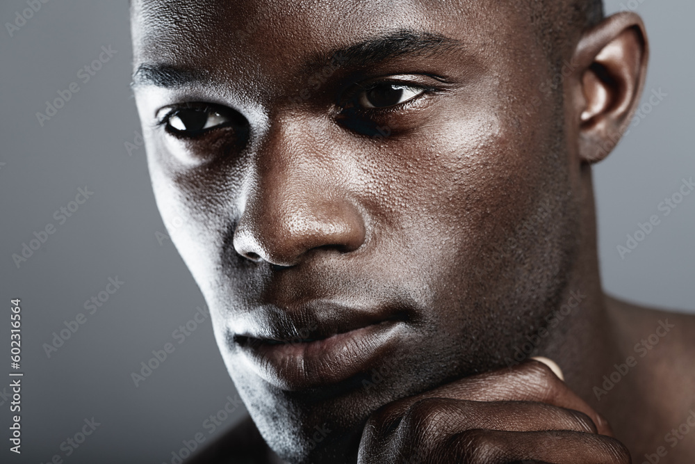 Beauty, skin care and face of black man on dark background with male ...