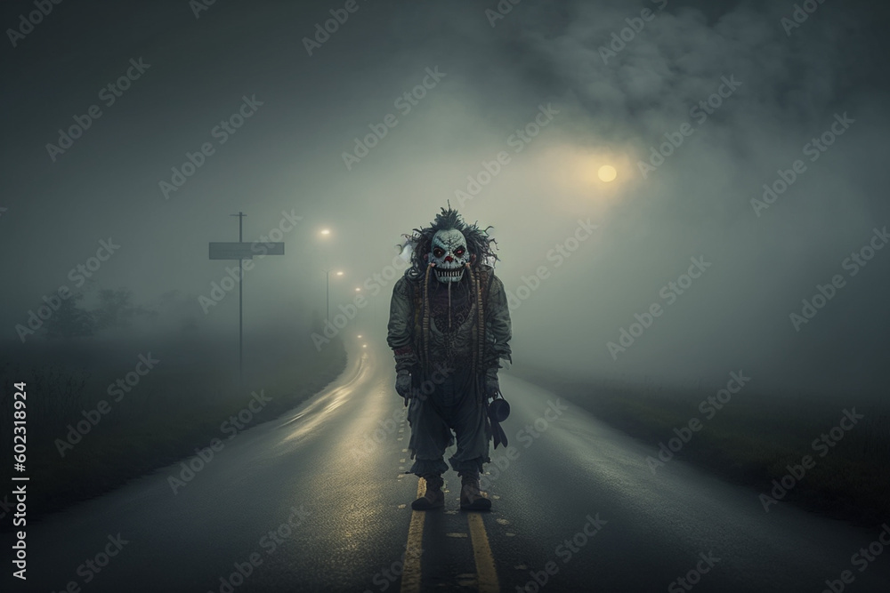 Creepy zombie clown on a foggy road, horror, dark background ...