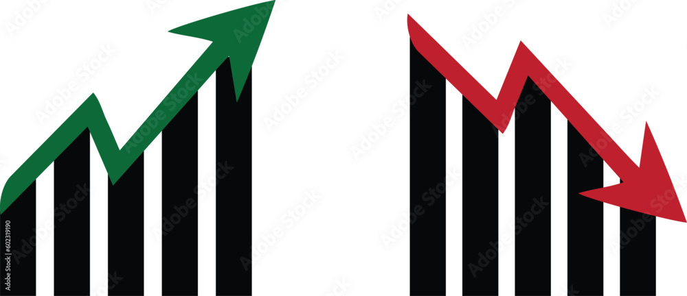 Graph going Up and Down sign with green and red arrows vector. Flat ...