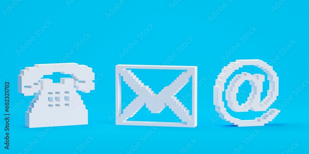White pixelated telephone, envelope letter and e-mail symbols standing ...