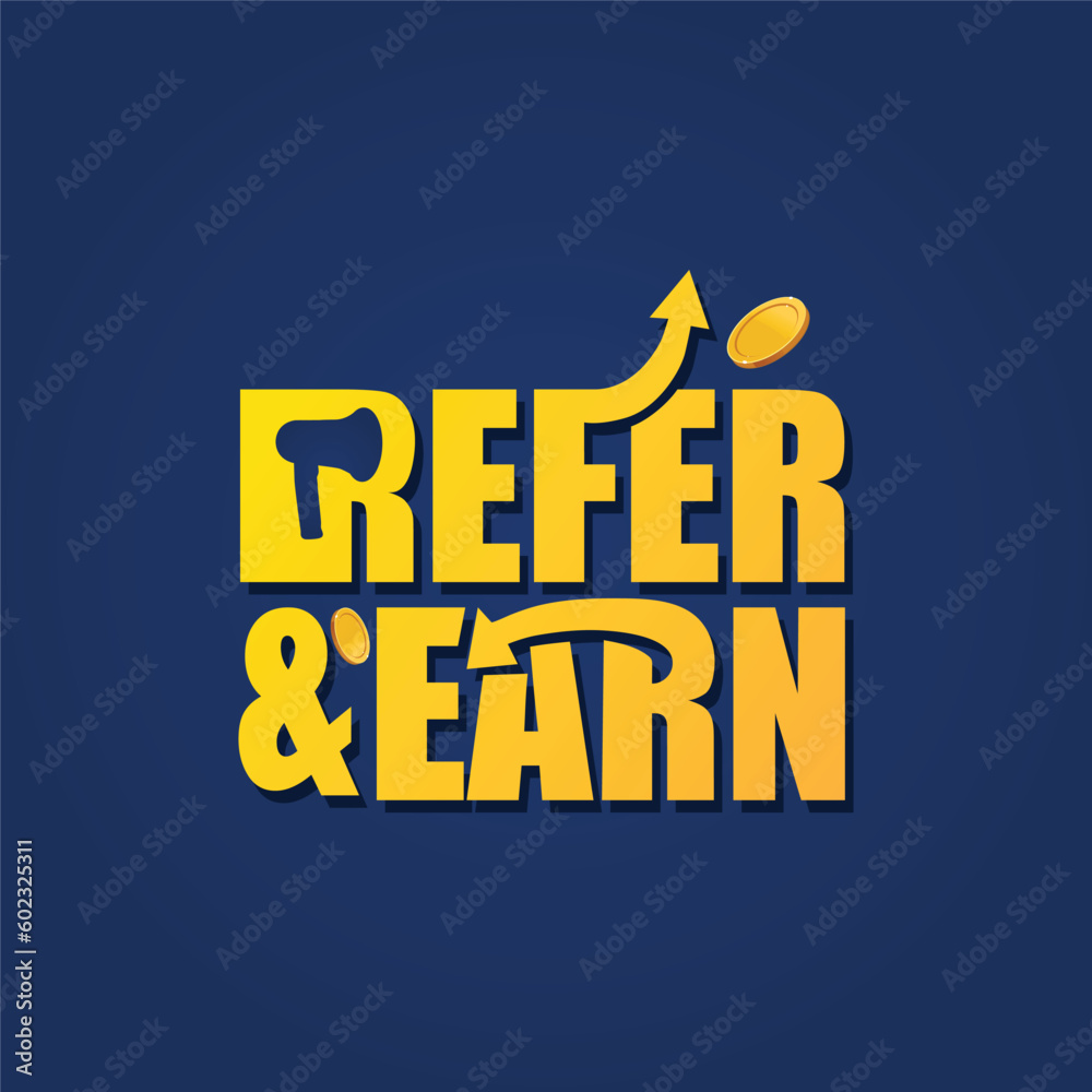 Refer and earn lettering creative logo with megaphone, arrow, and coin ...