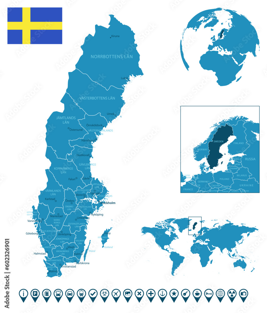 Sweden - detailed blue country map with cities, regions, location on ...