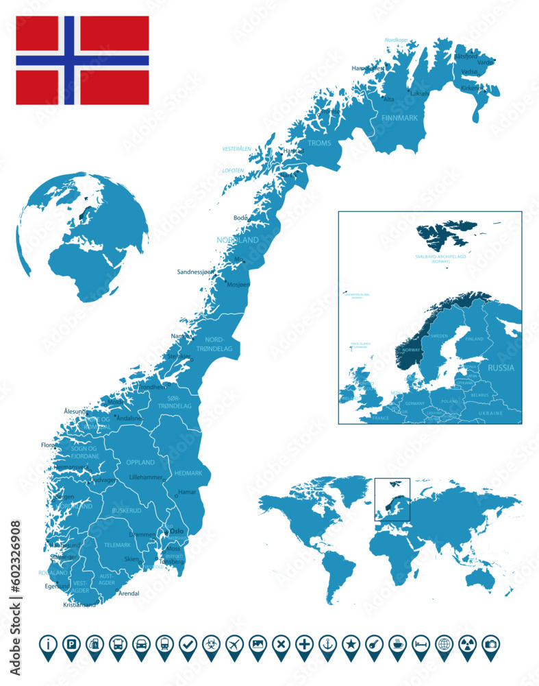 Norway - detailed blue country map with cities, regions, location on ...