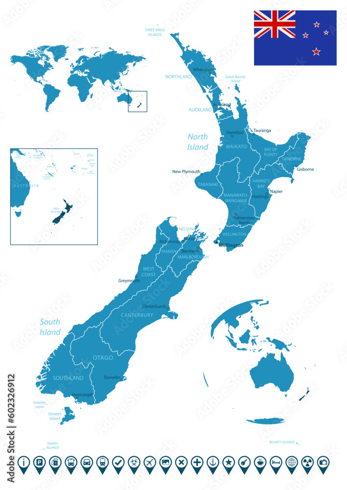 New Zealand - detailed blue country map with cities, regions, location ...
