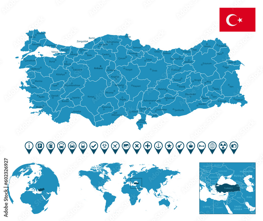 Turkey - detailed blue country map with cities, regions, location on ...