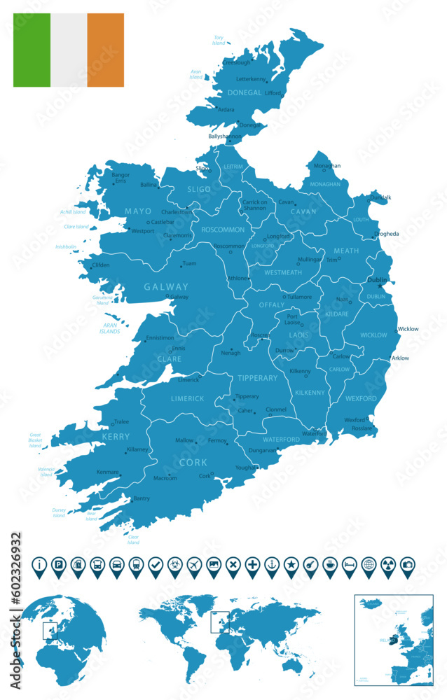 Vetor de Ireland - detailed blue country map with cities, regions ...