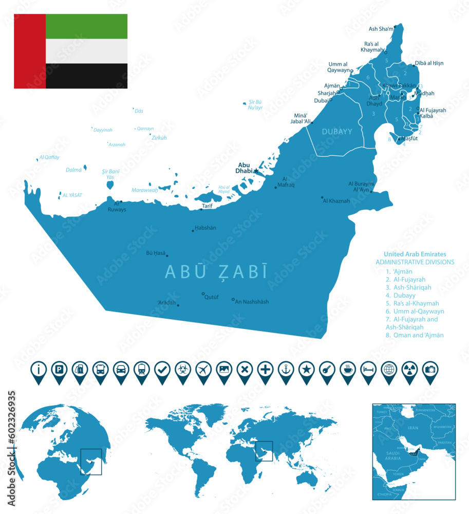 United Arab Emirates - detailed blue country map with cities, regions ...