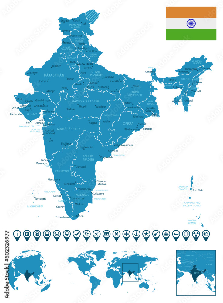 India - detailed blue country map with cities, regions, location on ...