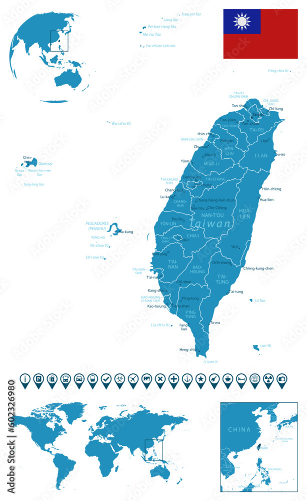 Taiwan - detailed blue country map with cities, regions, location on ...