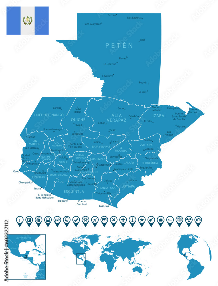 Guatemala - detailed blue country map with cities, regions, location on ...