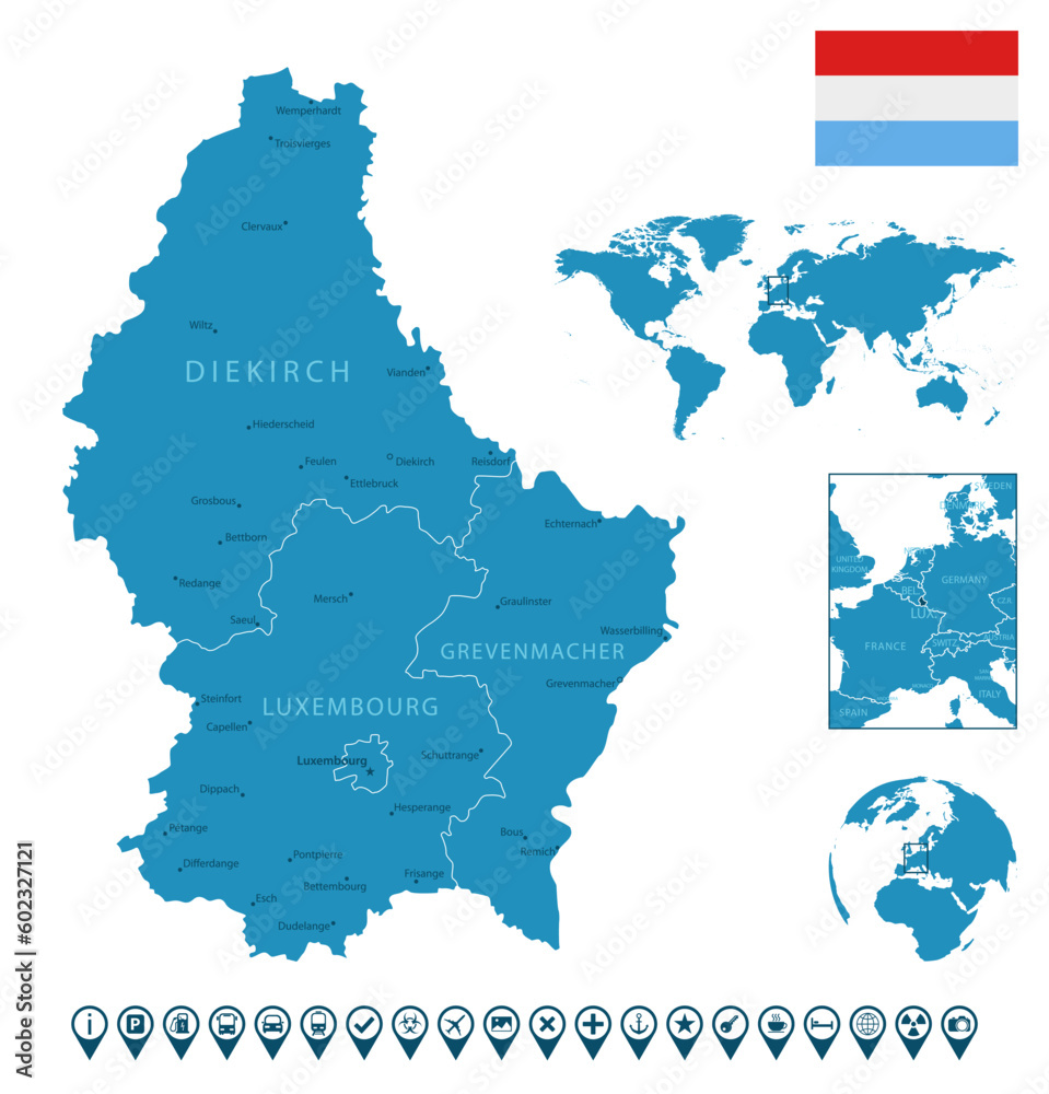 Luxembourg - detailed blue country map with cities, regions, location ...