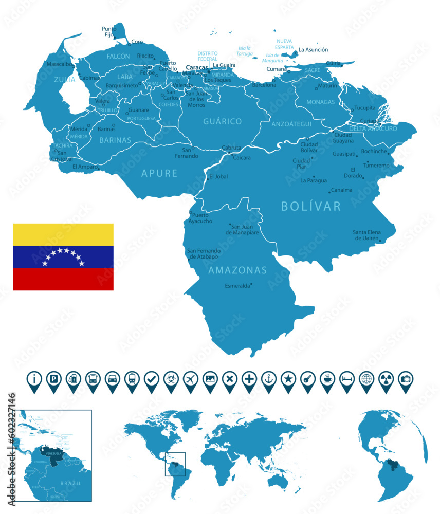 Venezuela - detailed blue country map with cities, regions, location on ...