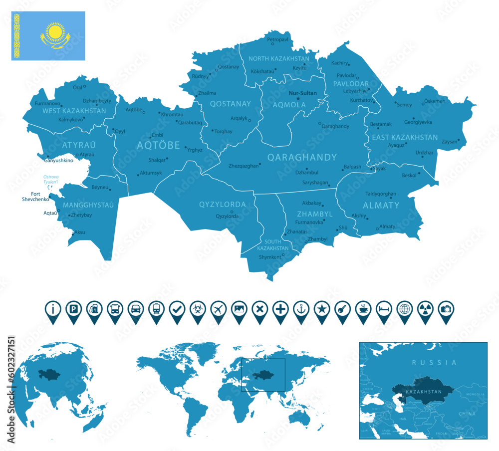 Kazakhstan - detailed blue country map with cities, regions, location ...