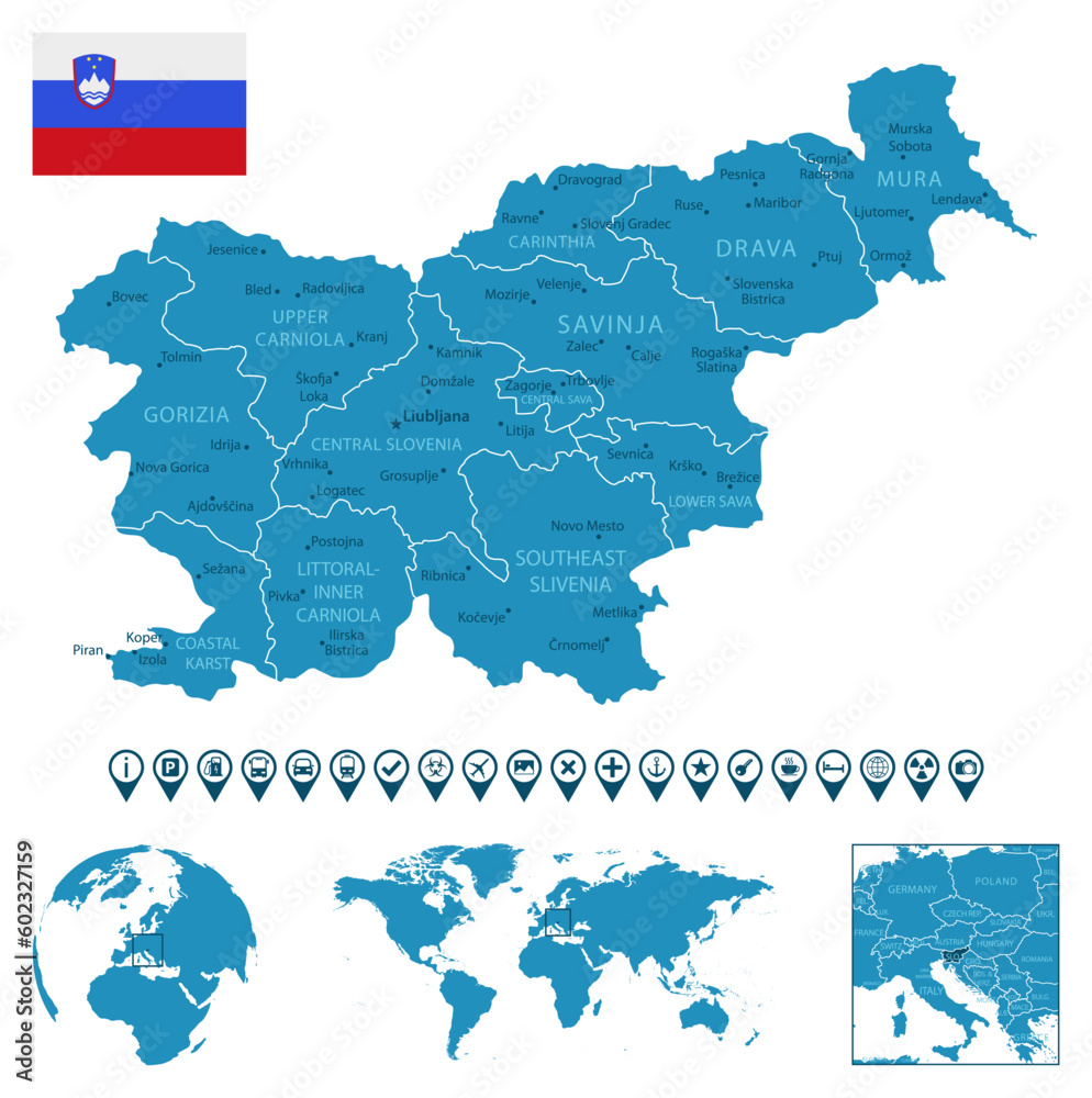 Slovenia - detailed blue country map with cities, regions, location on ...