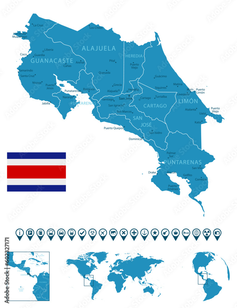 Costa Rica - detailed blue country map with cities, regions, location ...