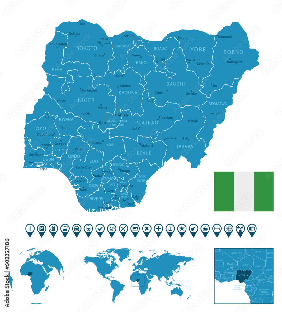 Nigeria - detailed blue country map with cities, regions, location on ...