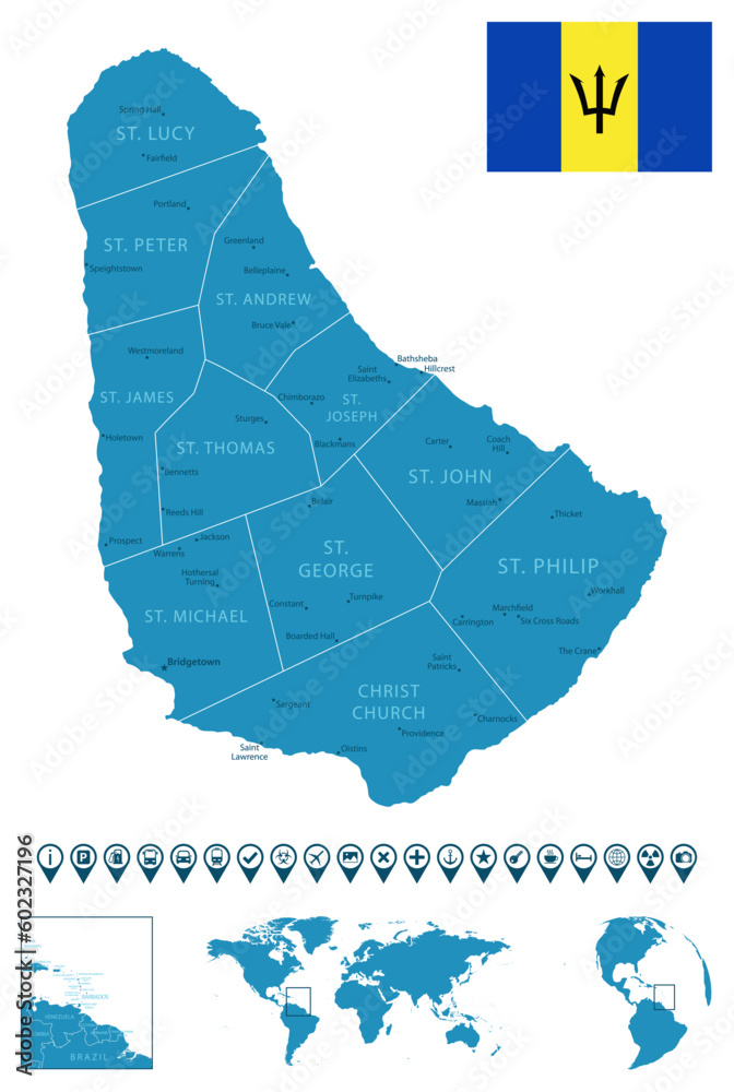 Barbados - detailed blue country map with cities, regions, location on ...