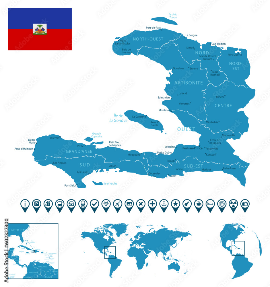 Haiti - detailed blue country map with cities, regions, location on ...