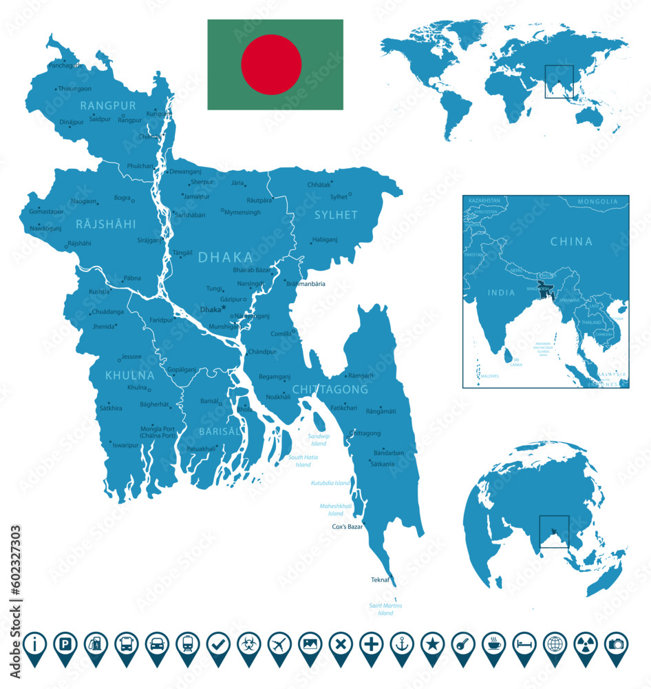 Bangladesh - detailed blue country map with cities, regions, location ...