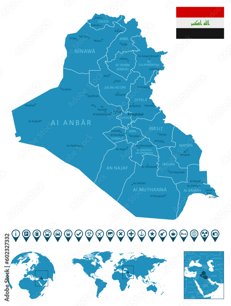 Iraq - detailed blue country map with cities, regions, location on ...