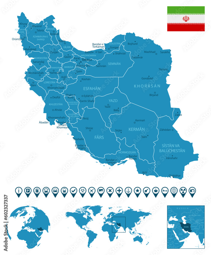 Iran - detailed blue country map with cities, regions, location on ...