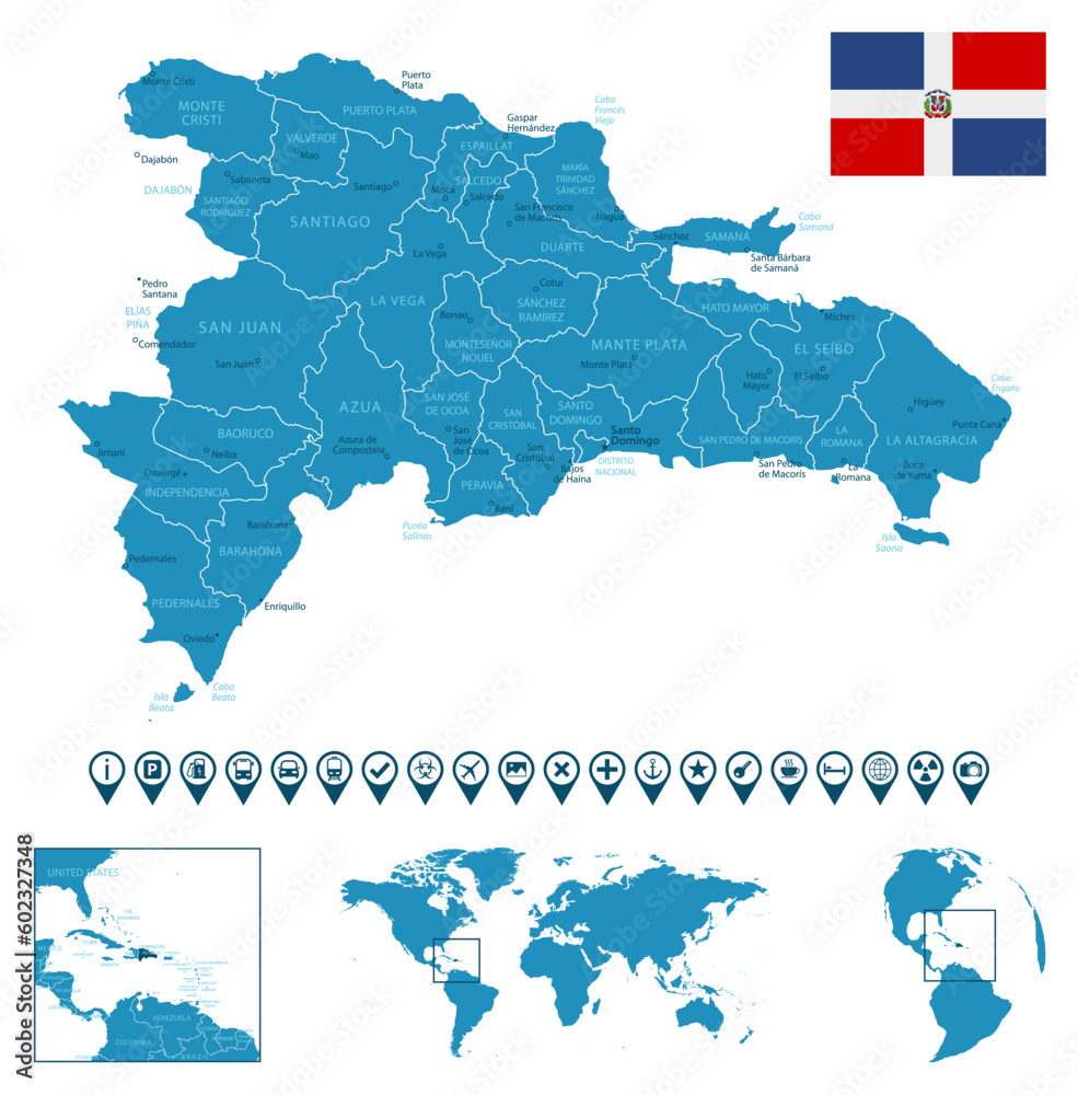 Dominican Republic - detailed blue country map with cities, regions ...