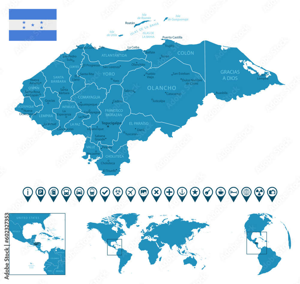 Honduras - detailed blue country map with cities, regions, location on ...