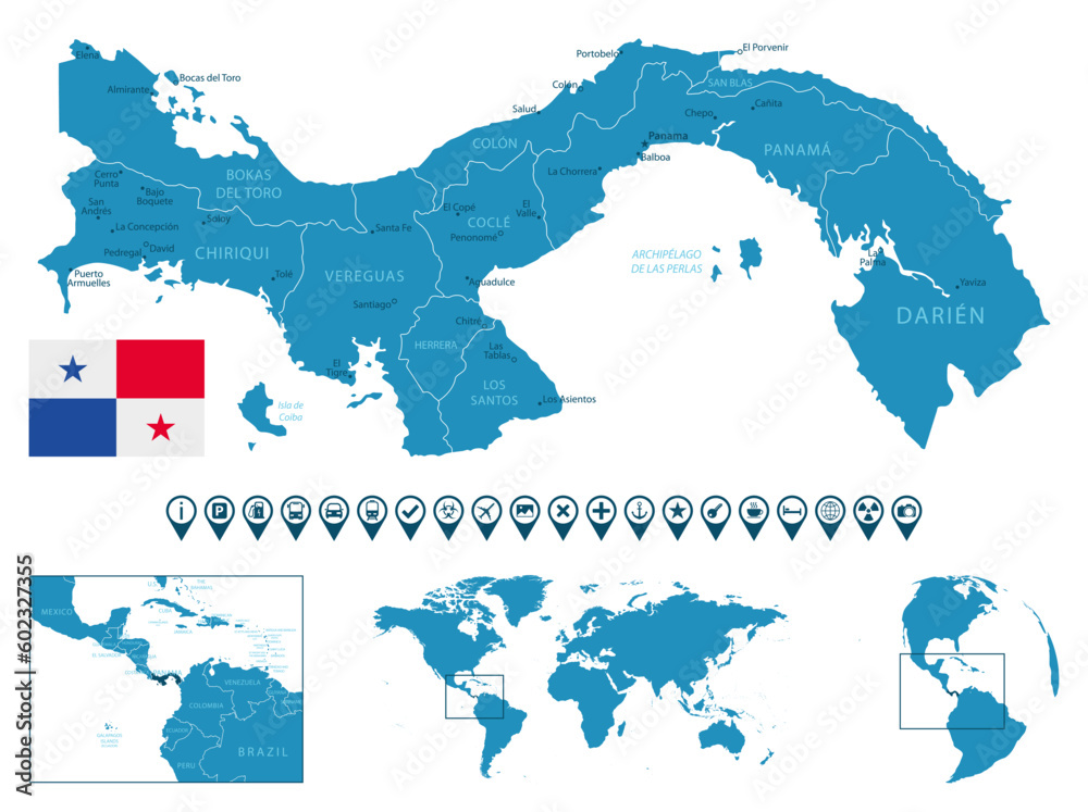 Panama - detailed blue country map with cities, regions, location on ...