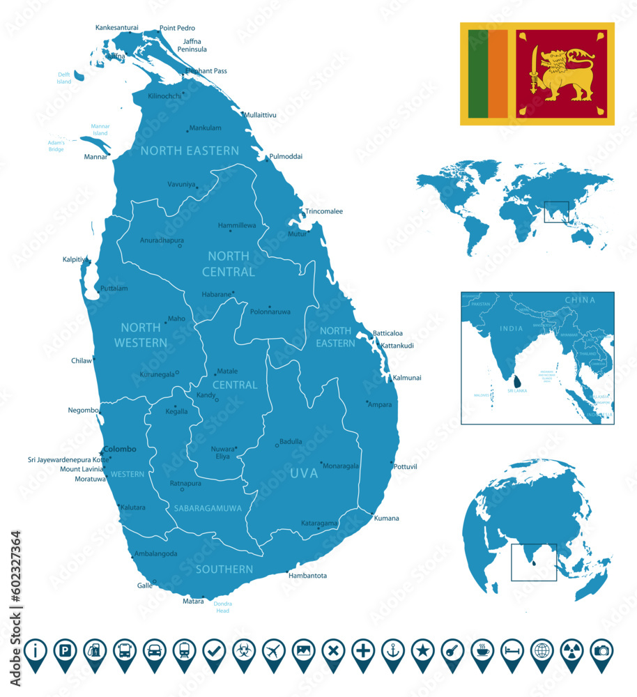 Sri Lanka - detailed blue country map with cities, regions, location on ...