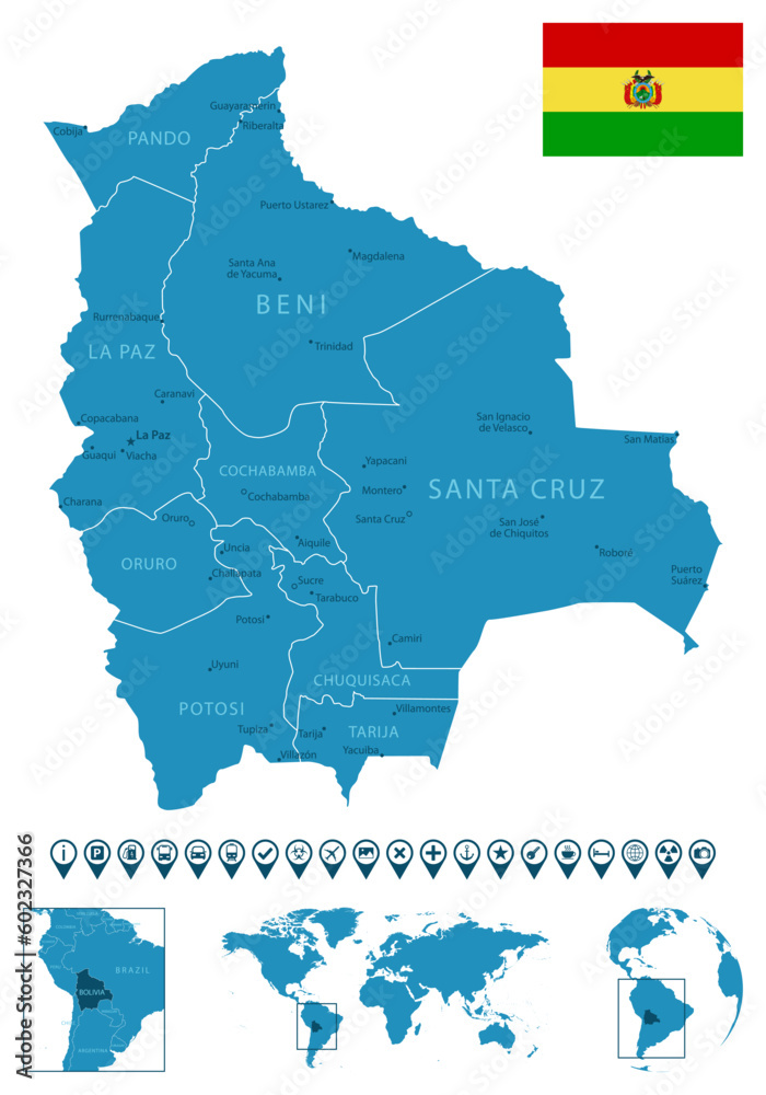 Bolivia - detailed blue country map with cities, regions, location on ...