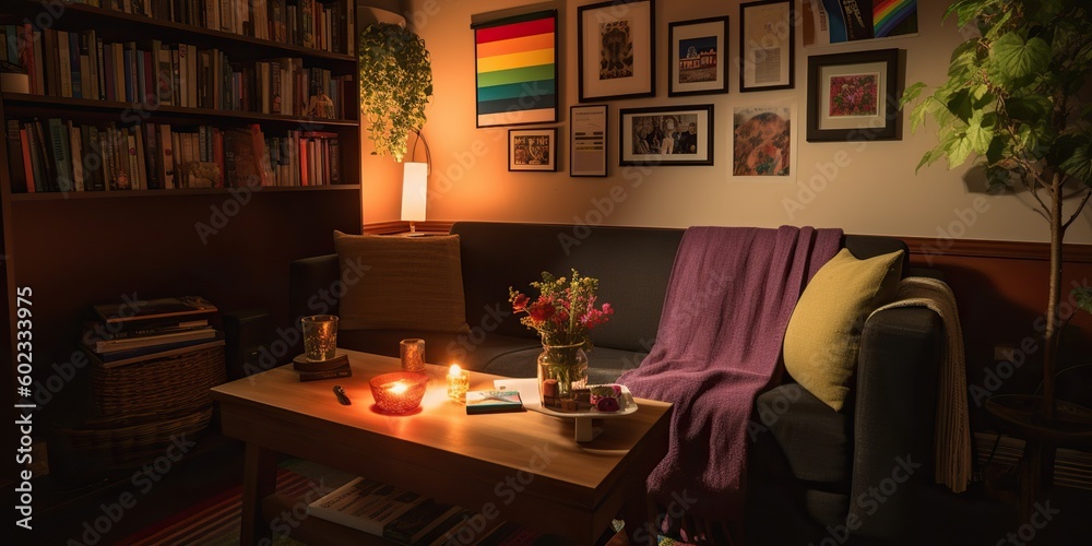A warmly lit room with a pride flag draped over the couch, and an open ...