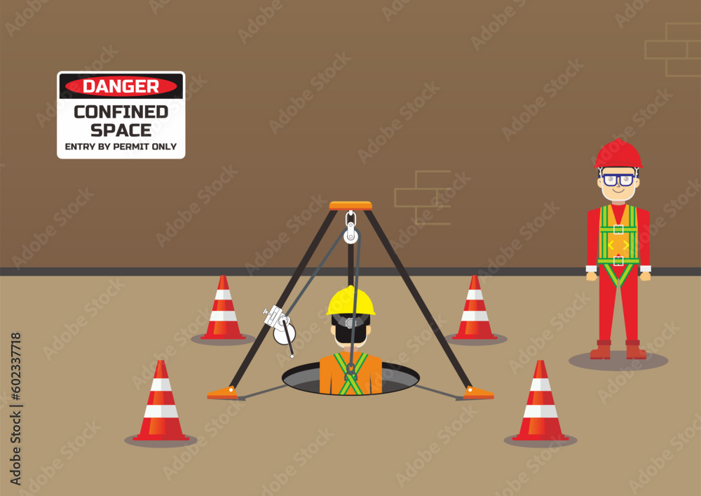 Confined space work entry safety vector illustration. Worker on the ...